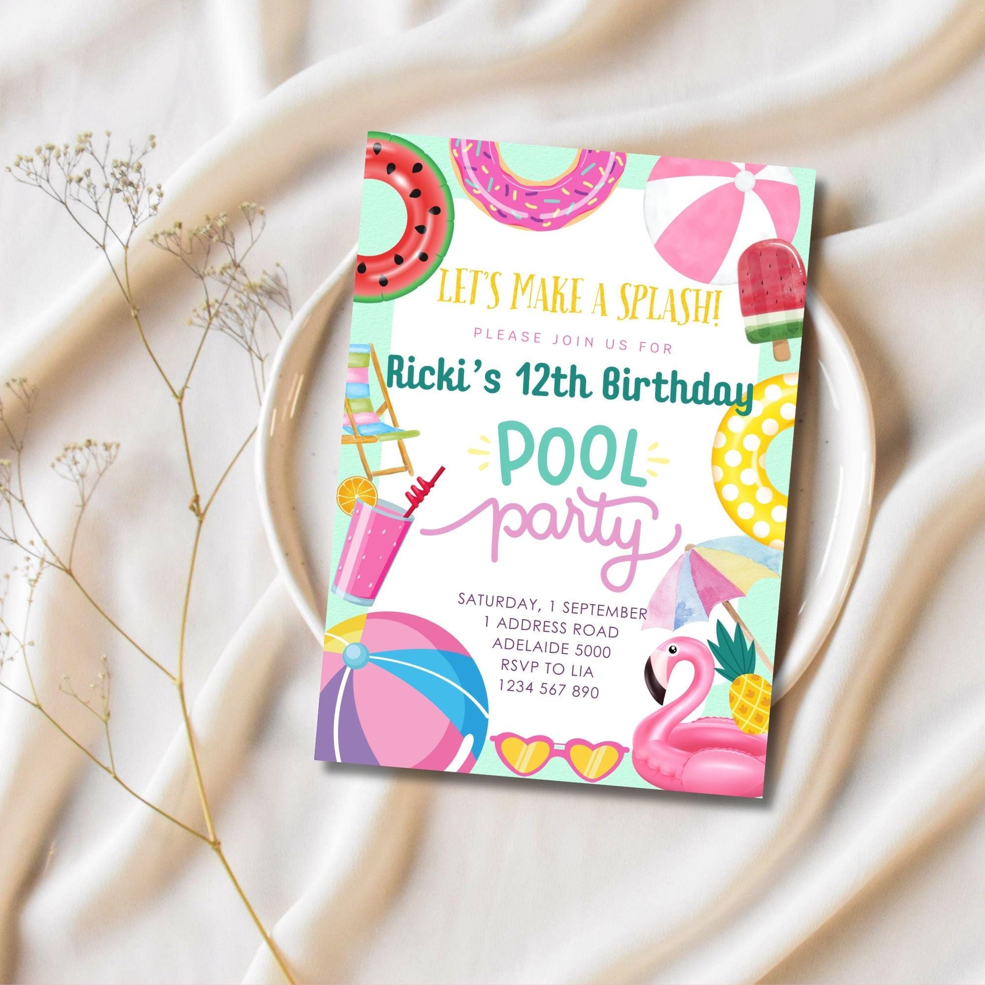 Tween Pool Party Birthday Invitation | Summer Splash Party | Editable ...