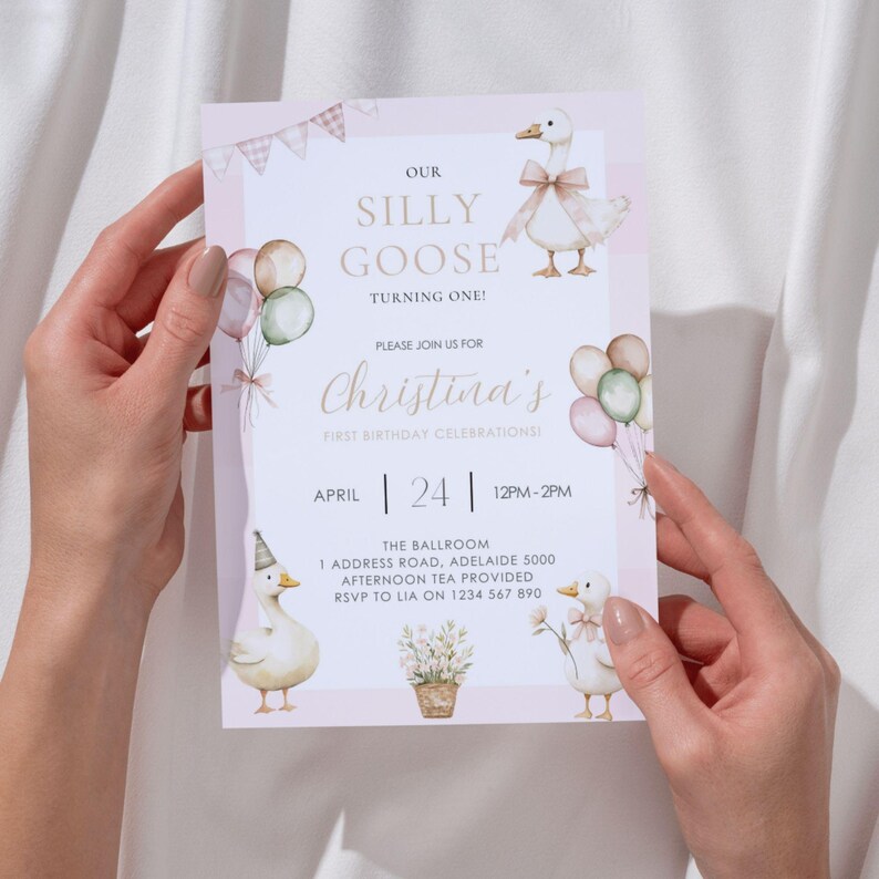 Pink Silly Goose 1st Birthday Invitation, Editable Girl First Birthday ...