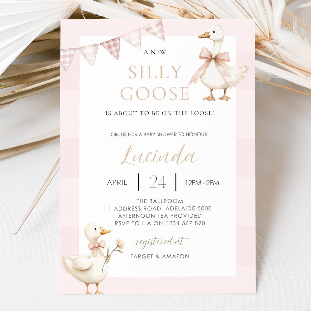 Pink Silly Goose Baby Shower Invitation | Editable Canva Template ...