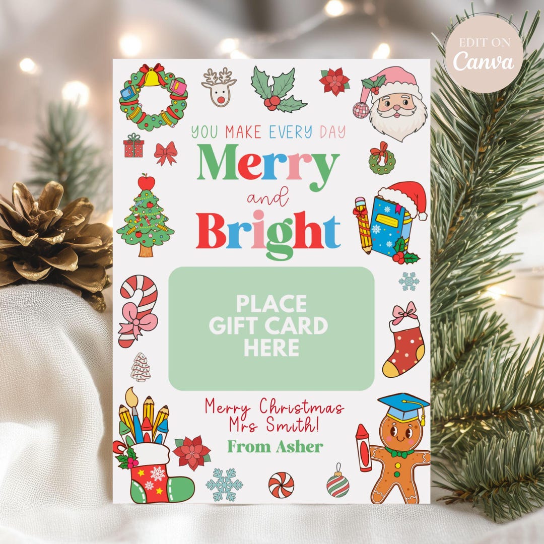 Teacher Christmas Gift Card Holder: Printable Merry & Bright Teacher ...