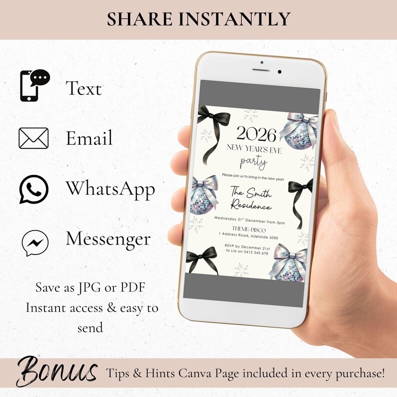 2026 New Year’s Eve Party Invitation, Disco Bow NYE Invite, Canva ...