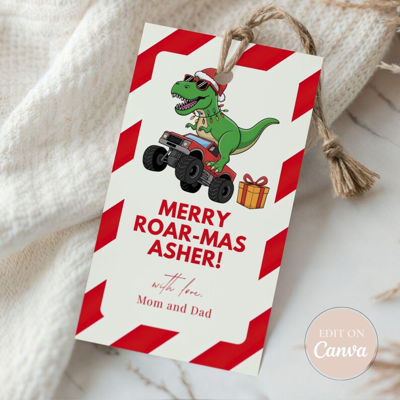 Dinosaur Christmas Gift Tag Printable: Xmas Gift Label for Kids ...