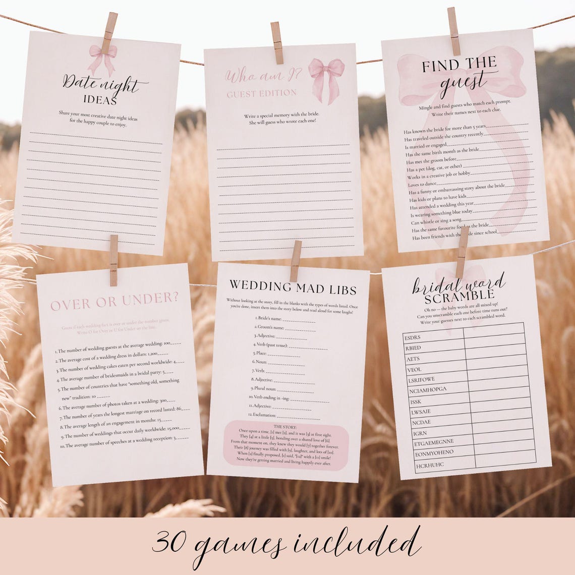 Coquette Bridal Shower Games Bundle: 30 Pink Bow Printable Activities ...
