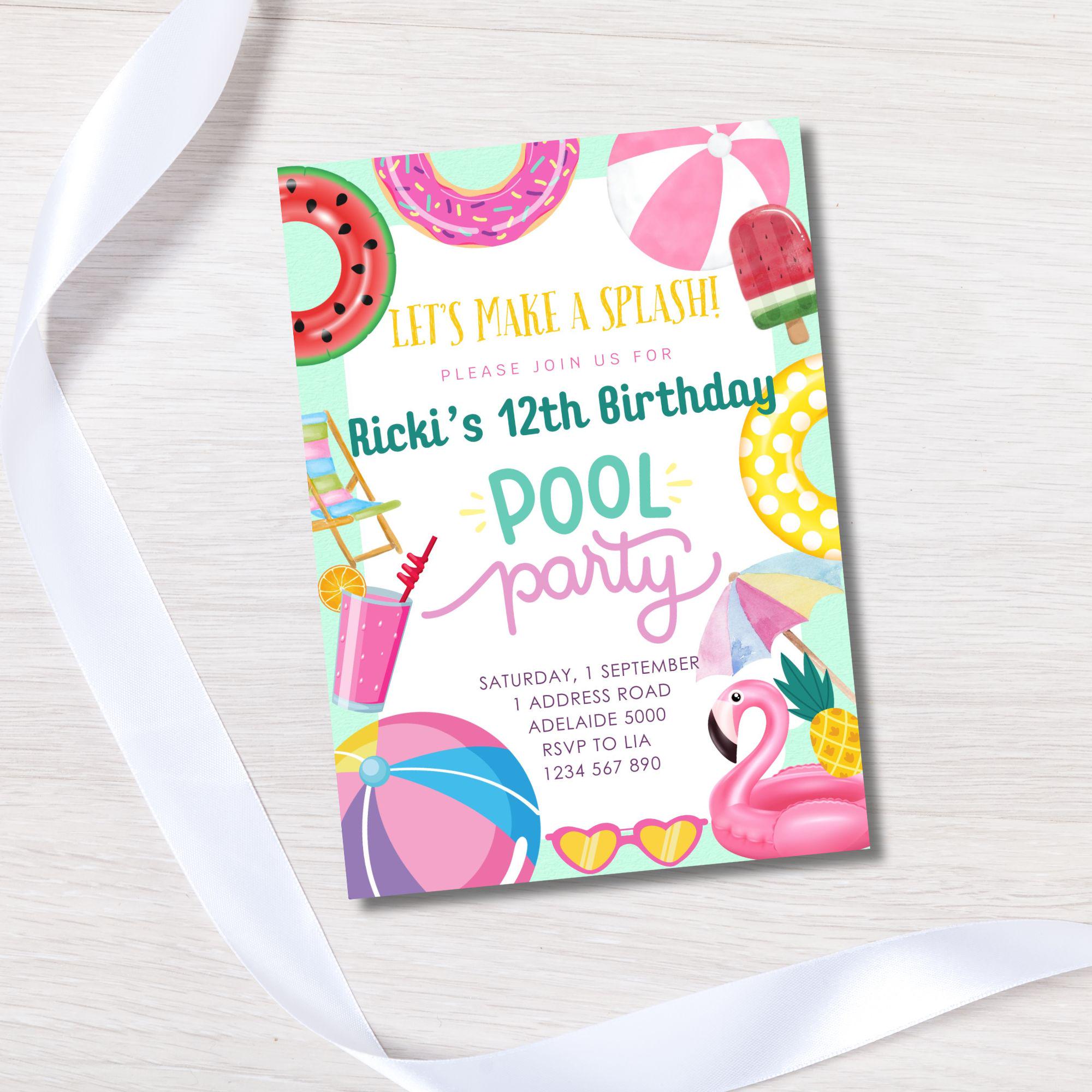 Tween Pool Party Birthday Invitation | Summer Splash Party | Editable ...