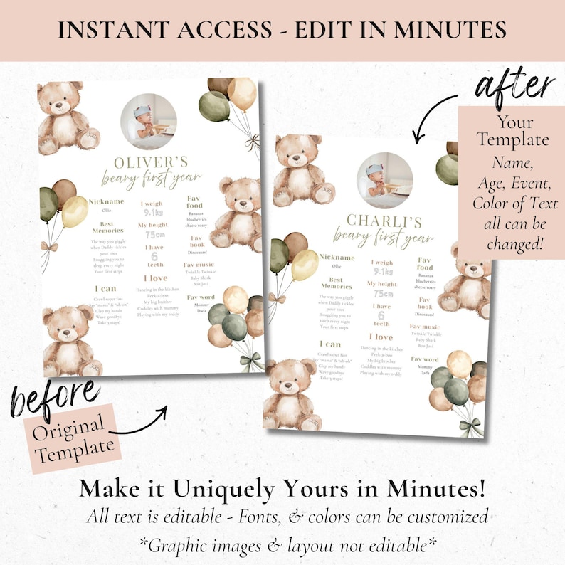 Little Bear First Birthday Milestone Poster Template – Editable Canva ...