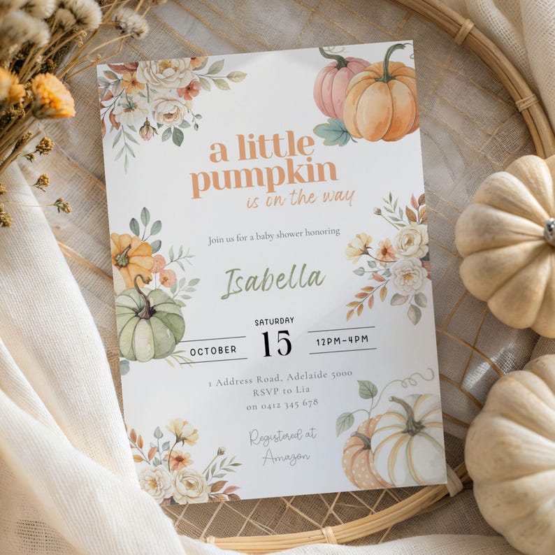 Little Pumpkin Baby Shower Invitation: Editable Fall Theme Template ...
