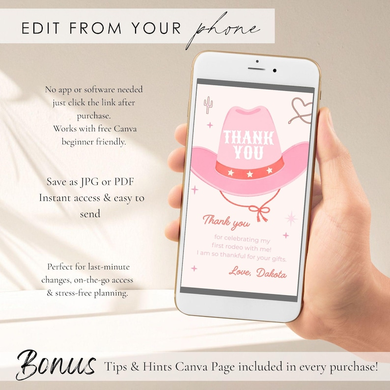 First Rodeo Thank You Tag Template, Pink Cowgirl Favor Tag, Editable ...