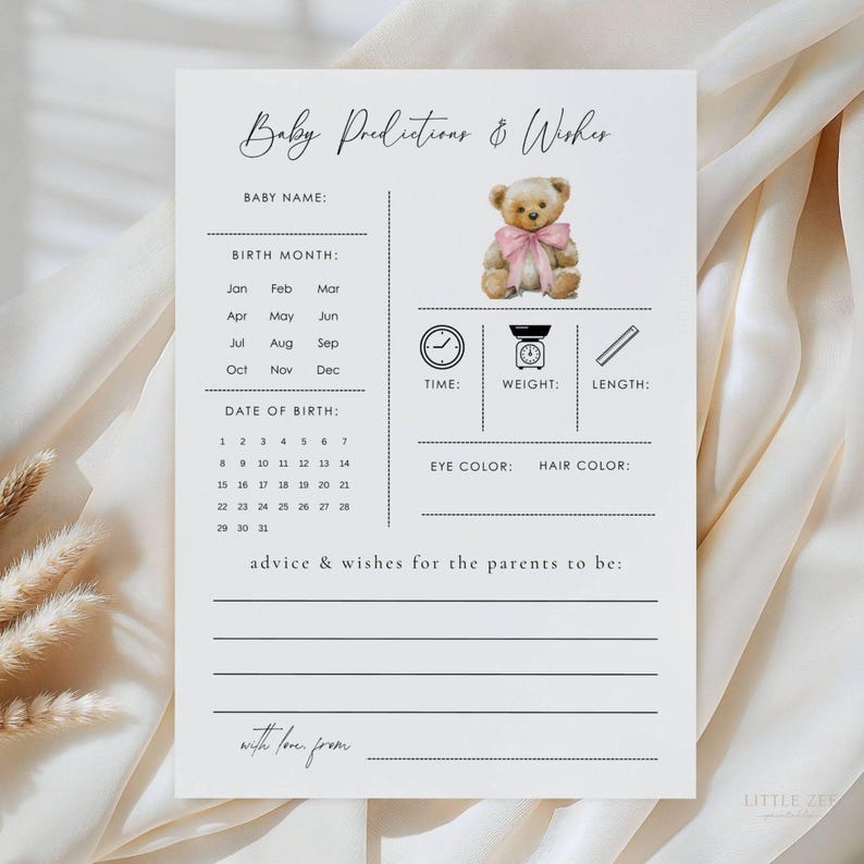 Baby Predictions and Advice Card Teddy Bear, Baby Shower Prediction ...