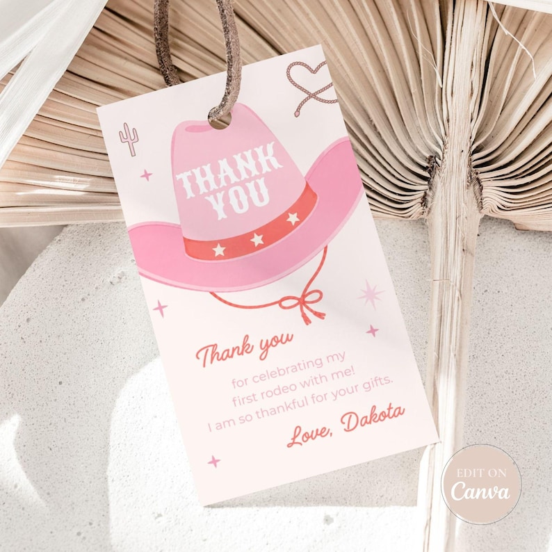 First Rodeo Thank You Tag Template, Pink Cowgirl Favor Tag, Editable ...