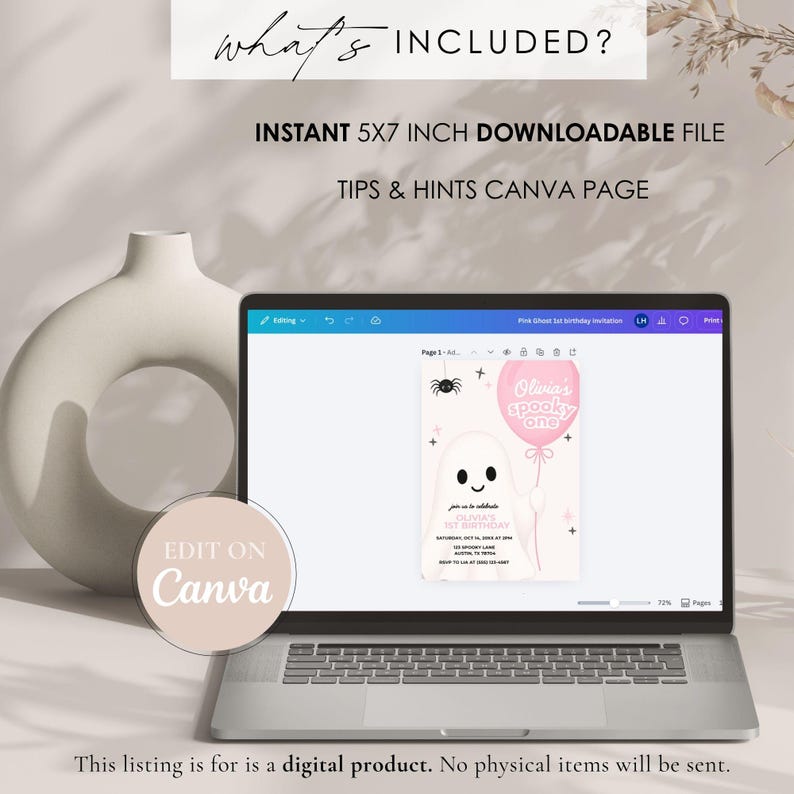 Pink Spooky One Birthday Invitation Template, Canva Ghost Birthday ...