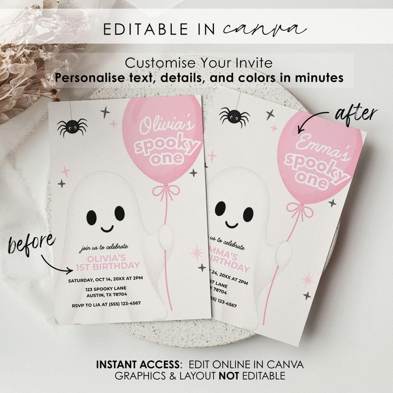 Pink Spooky One Birthday Invitation Template, Canva Ghost Birthday ...