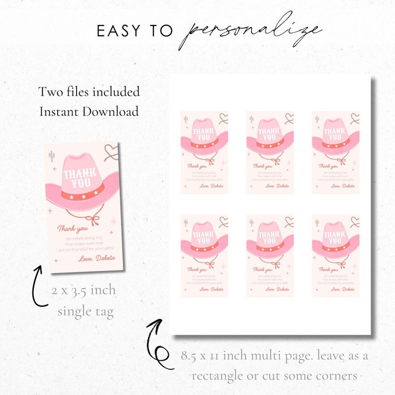 First Rodeo Thank You Tag Template, Pink Cowgirl Favor Tag, Editable ...