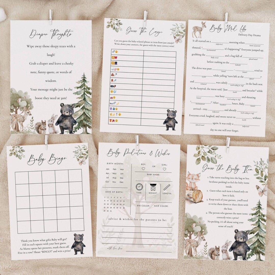 Woodlands Baby Shower Games Bundle, Editable Forest Animals Shower ...