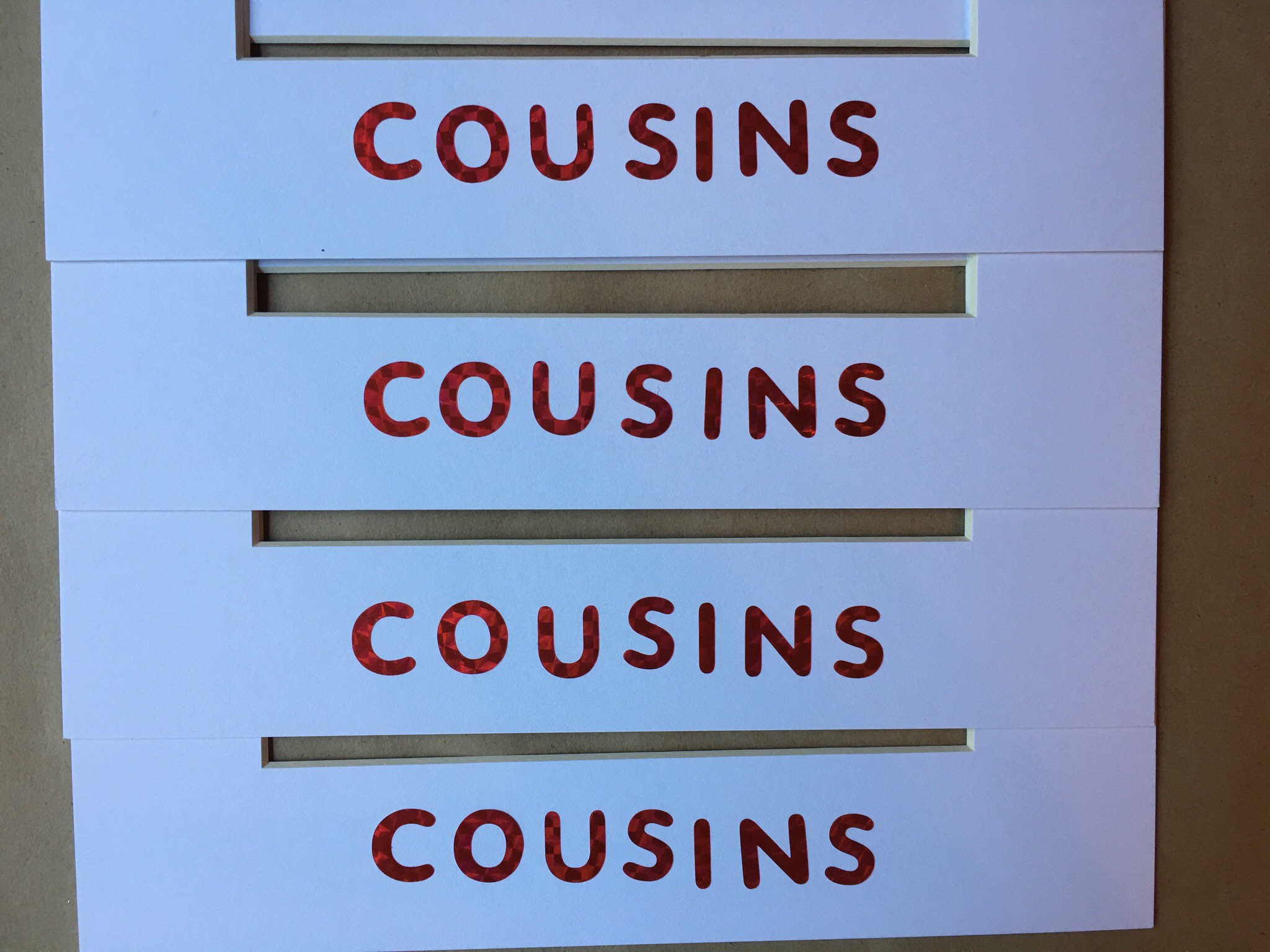 Set of four 8 X 10 Picture Mats spell cousins in holographic red letters