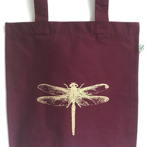 Gold Dragonfly Bag Organic Cotton Tote Bag Burgundy Red With Gold Print ...