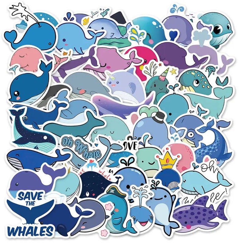 100 Enchanting Whale & Shark Cartoon Vinyl Stickers Dive Into Oceanic ...