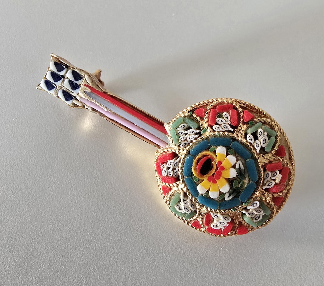 Vintage Italy Micro Mosaic Banjo Brooch - Etsy