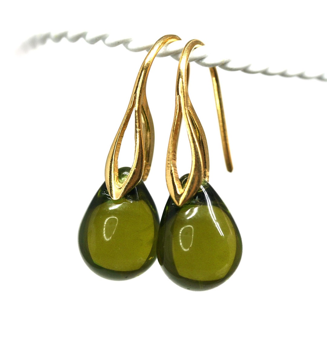 Dark Green Drop Earrings, Olive Green Earrings Gold Czech Glass ...