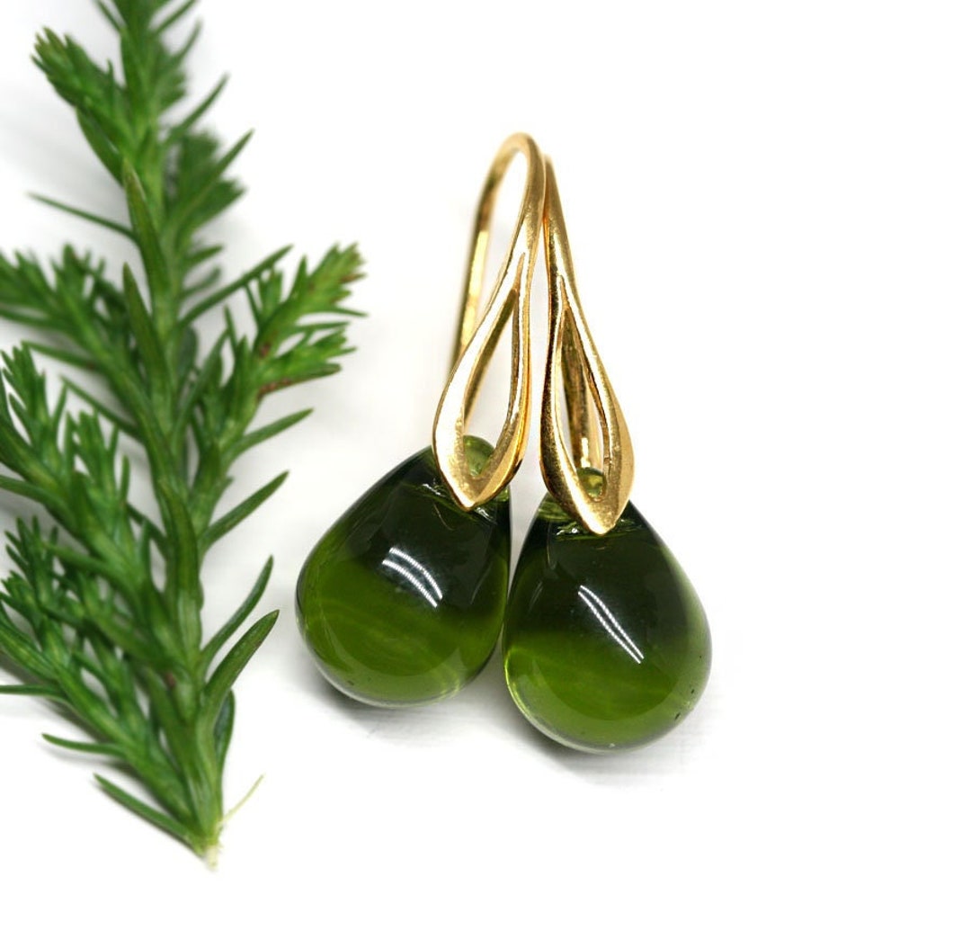 Dark Green Drop Earrings, Olive Green Earrings Gold Czech Glass ...