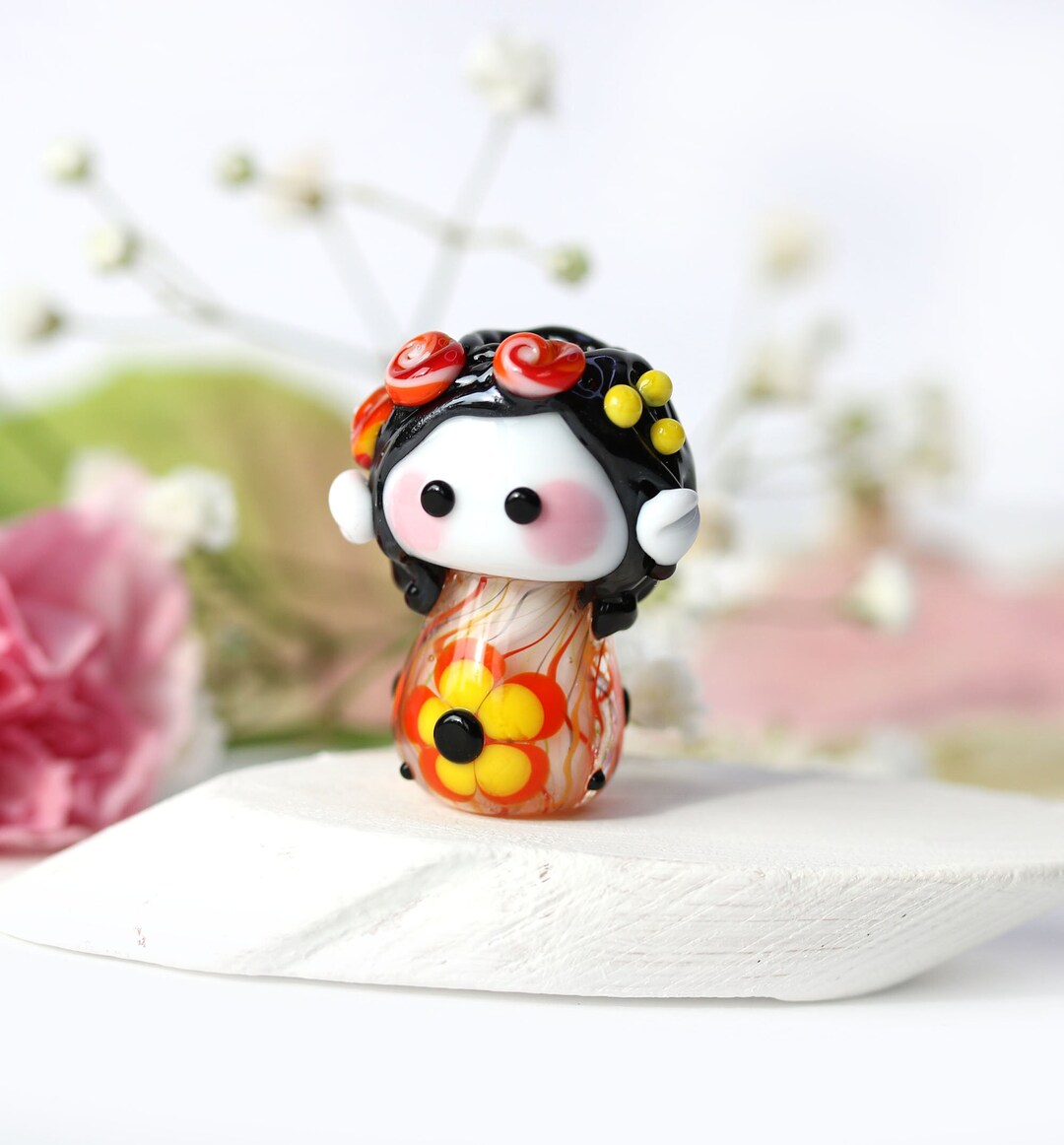 Flower Fairy Dark Hair, Bright Handmade Lampwork Bead Pendant Small ...