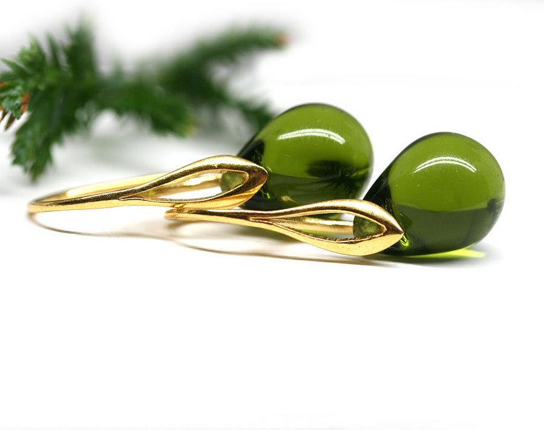 Dark Green Drop Earrings Olive Green Earrings Gold Czech - Etsy