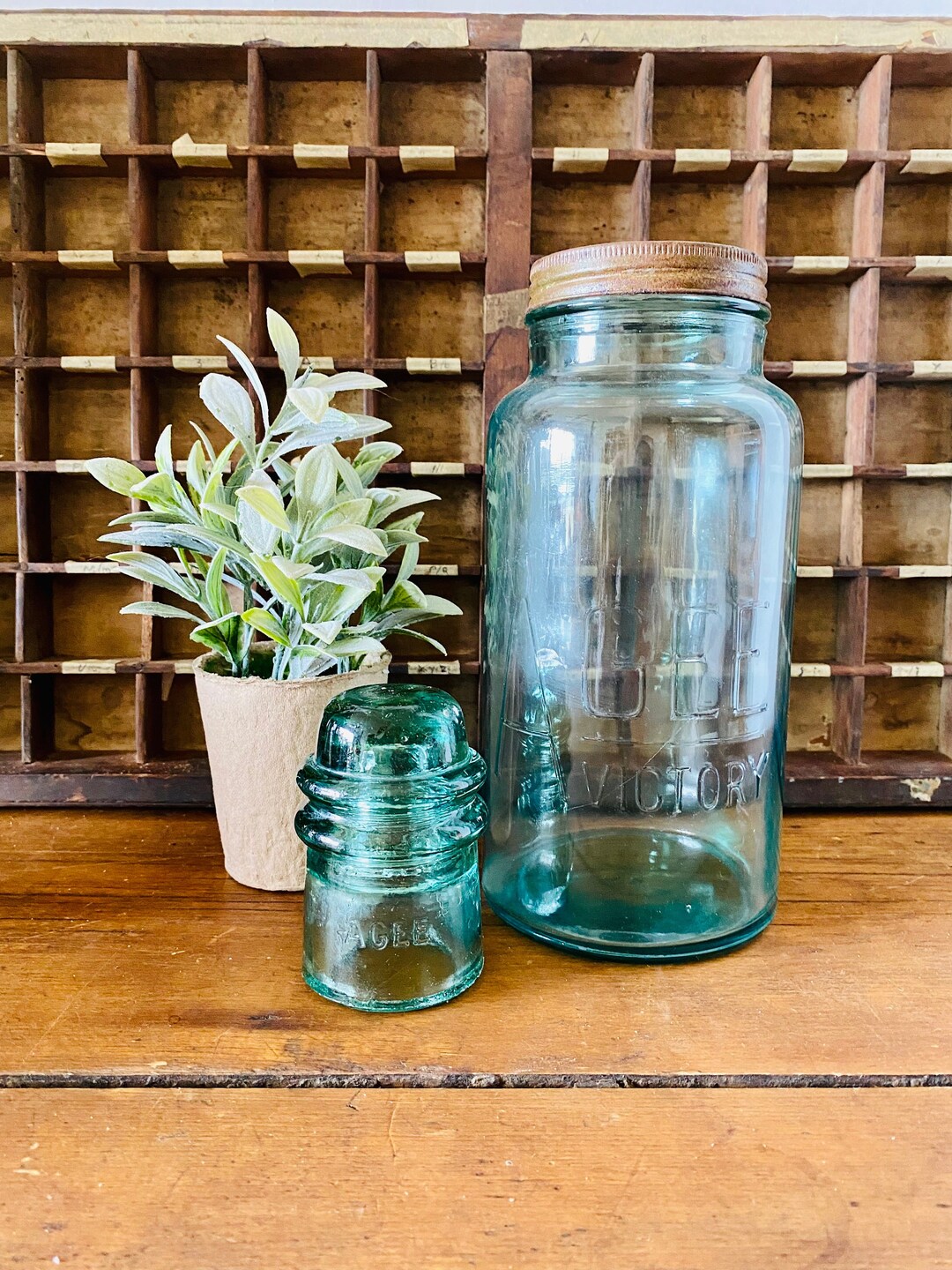 Large Vintage Green Glass Agee Victory Jar - Etsy