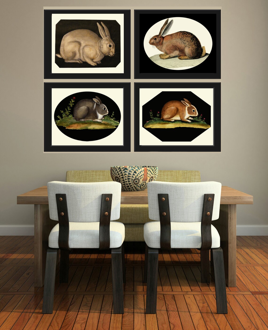 Rabbit Bunny Print SET of 4 Wall Art Prints Beautiful Antique | Etsy