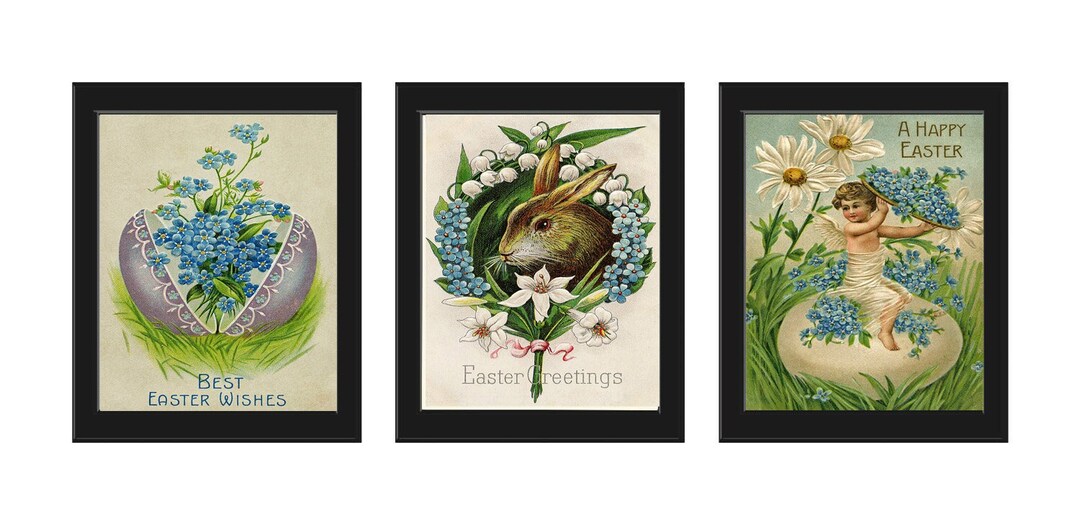 Easter Wall Art SET of 3 Prints Beautiful Vintage Antique Eggs Rabbit ...
