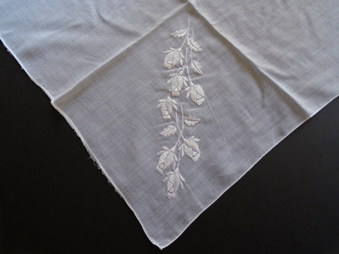 Vintage White Handkerchief With Embroidered Long Flower / Wedding ...