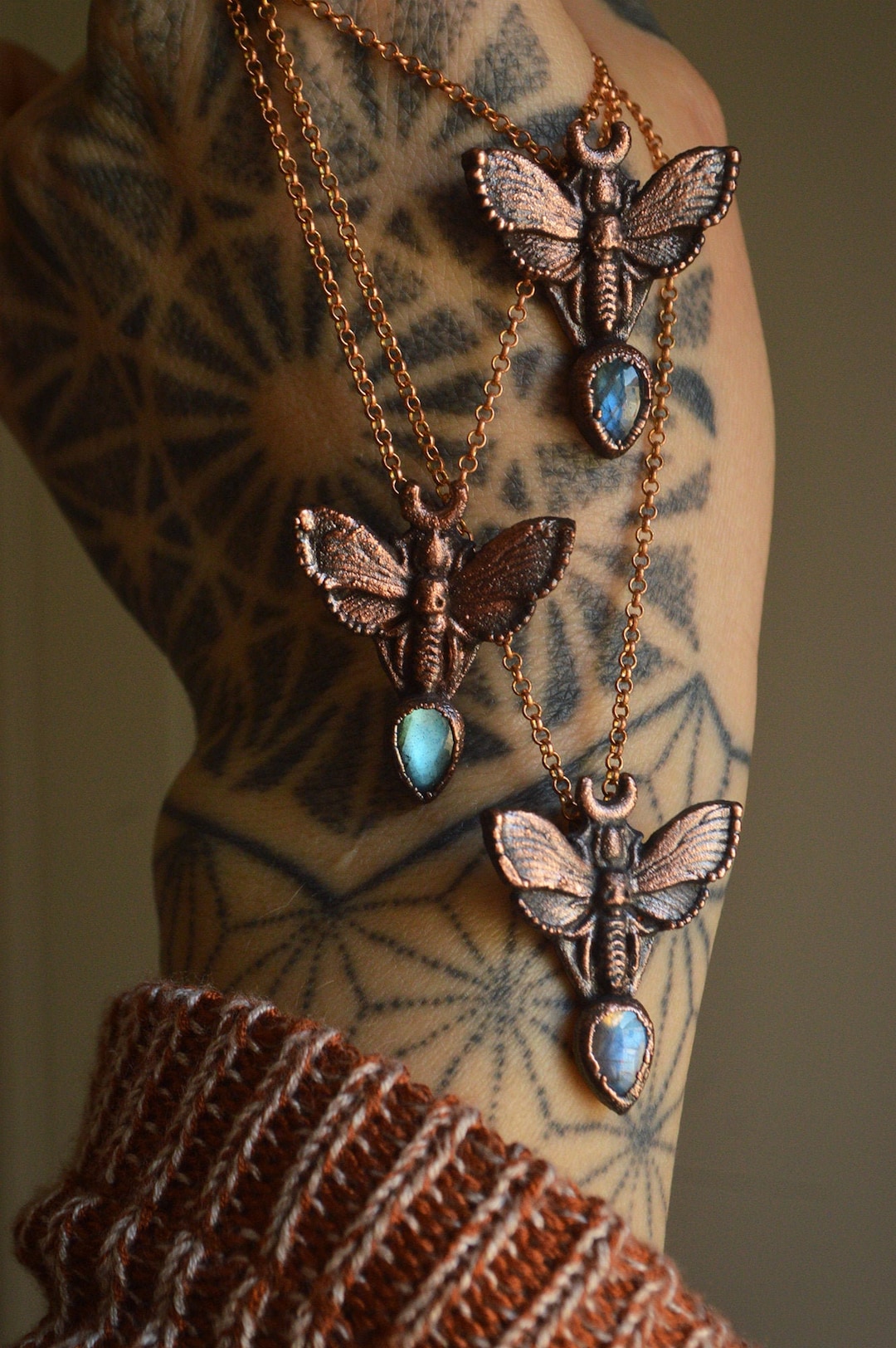 Dainty Moth Copper Necklace With Flashy Labradorite Stone. Witchy Boho ...