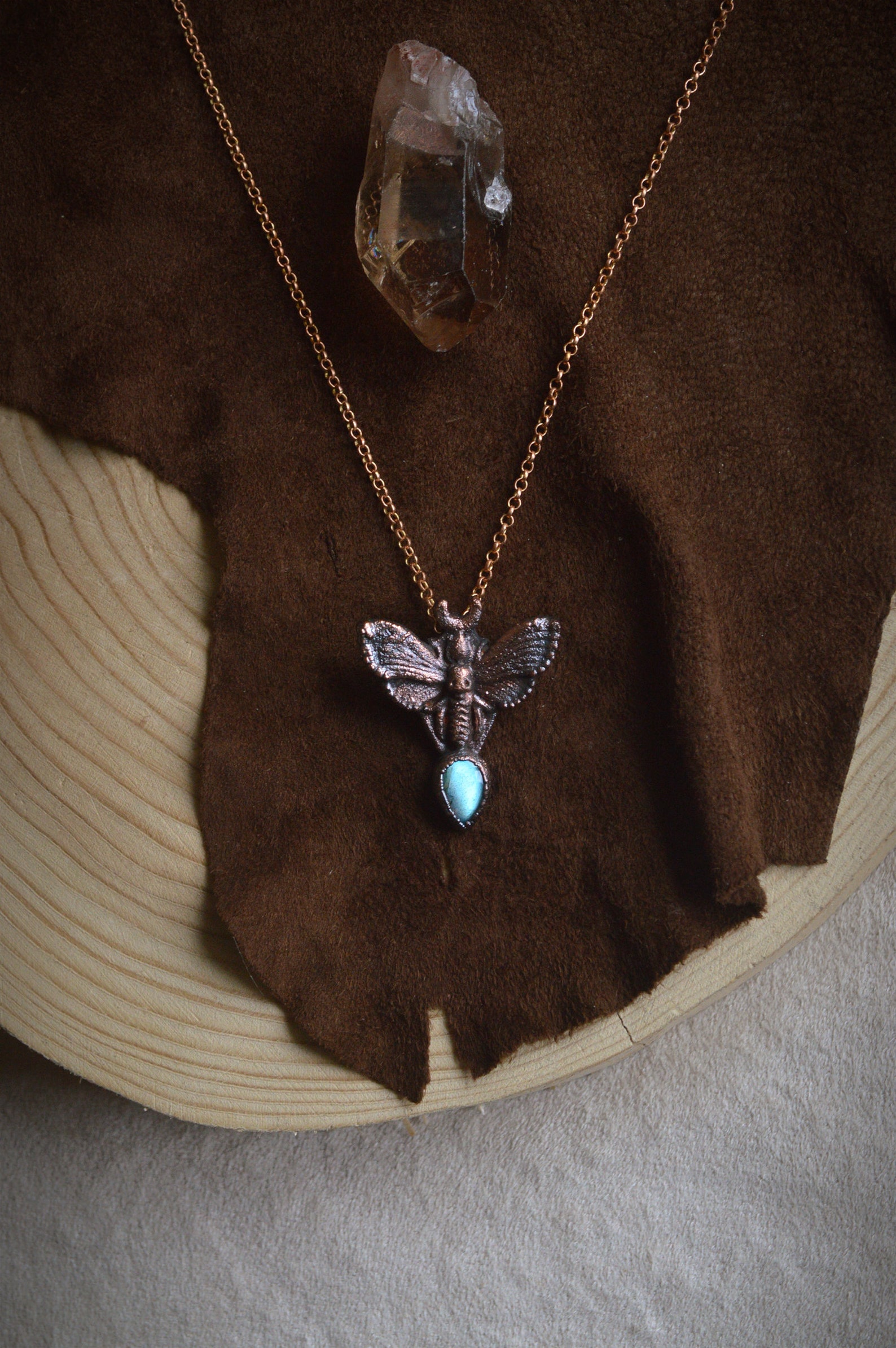 Dainty Moth Copper Necklace With Flashy Labradorite Stone. Witchy Boho ...