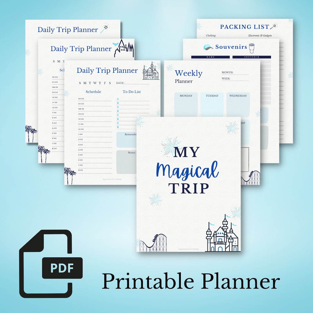 Printable Travel Planner - Theme Park Planner - Blue Travel Planner ...