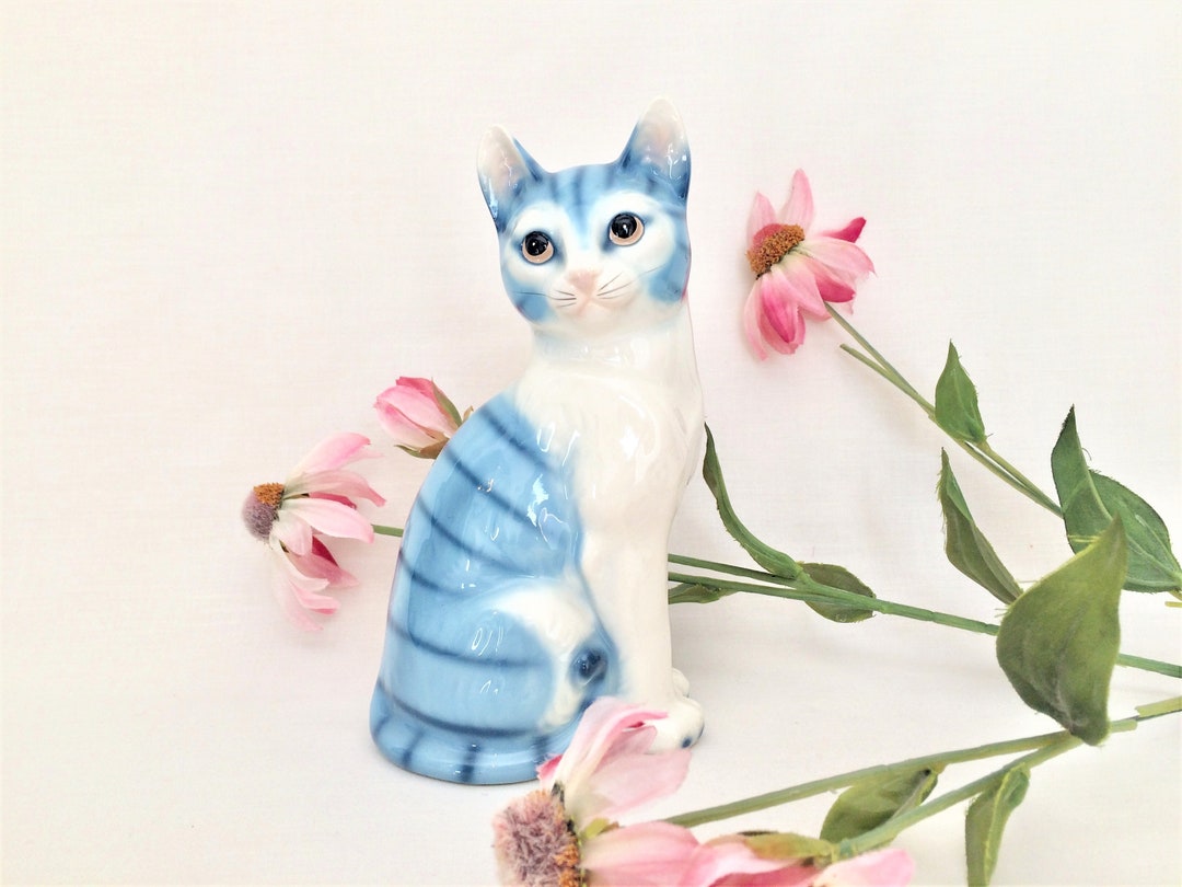 Vintage Ceramic Striped Cat Figurine Blue & White Tabby Cat Figurine - Etsy