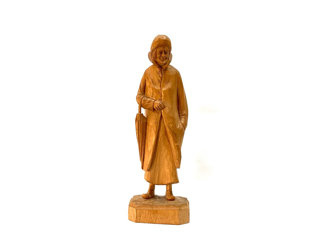 Vintage Paul Caron Quebec Hand Carved Woman With Umbrella 15" Artist ...