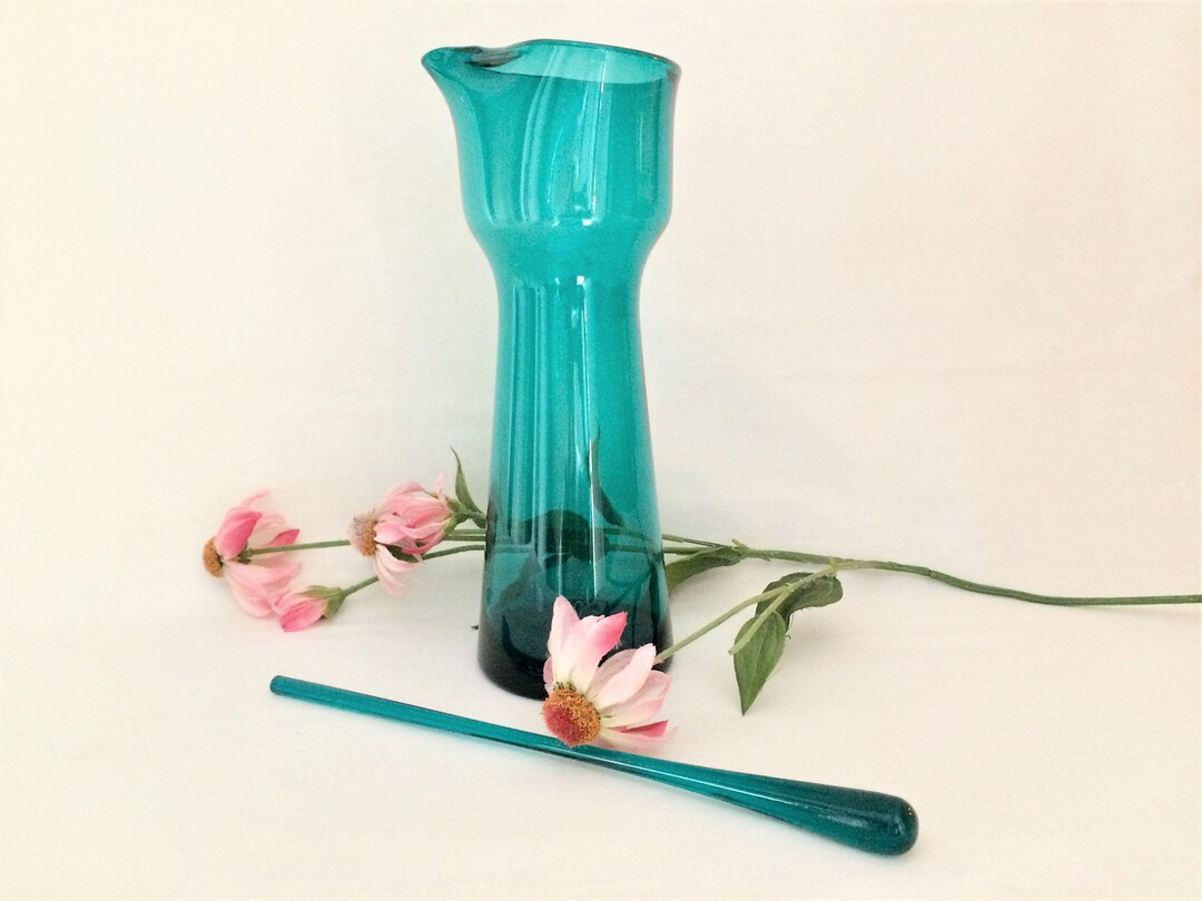 Rare Teal Blue Glass Cocktail Pitcher W/glass Rod Stirrer Stick - Etsy