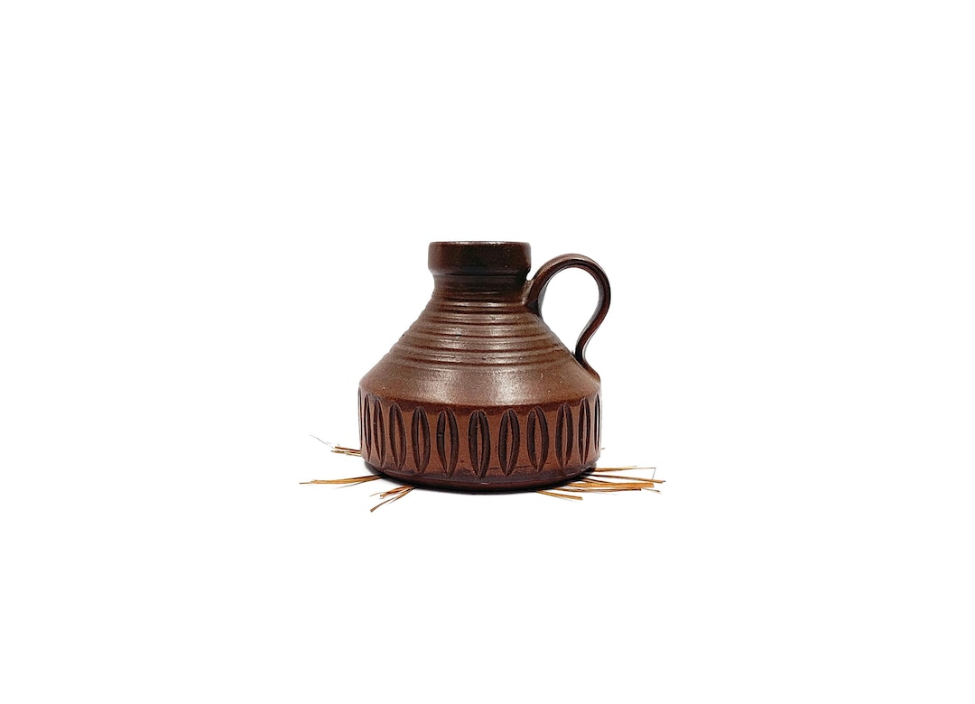 Vintage Brown Incised Studio Pottery Jug W/handle - Signed Carved ...
