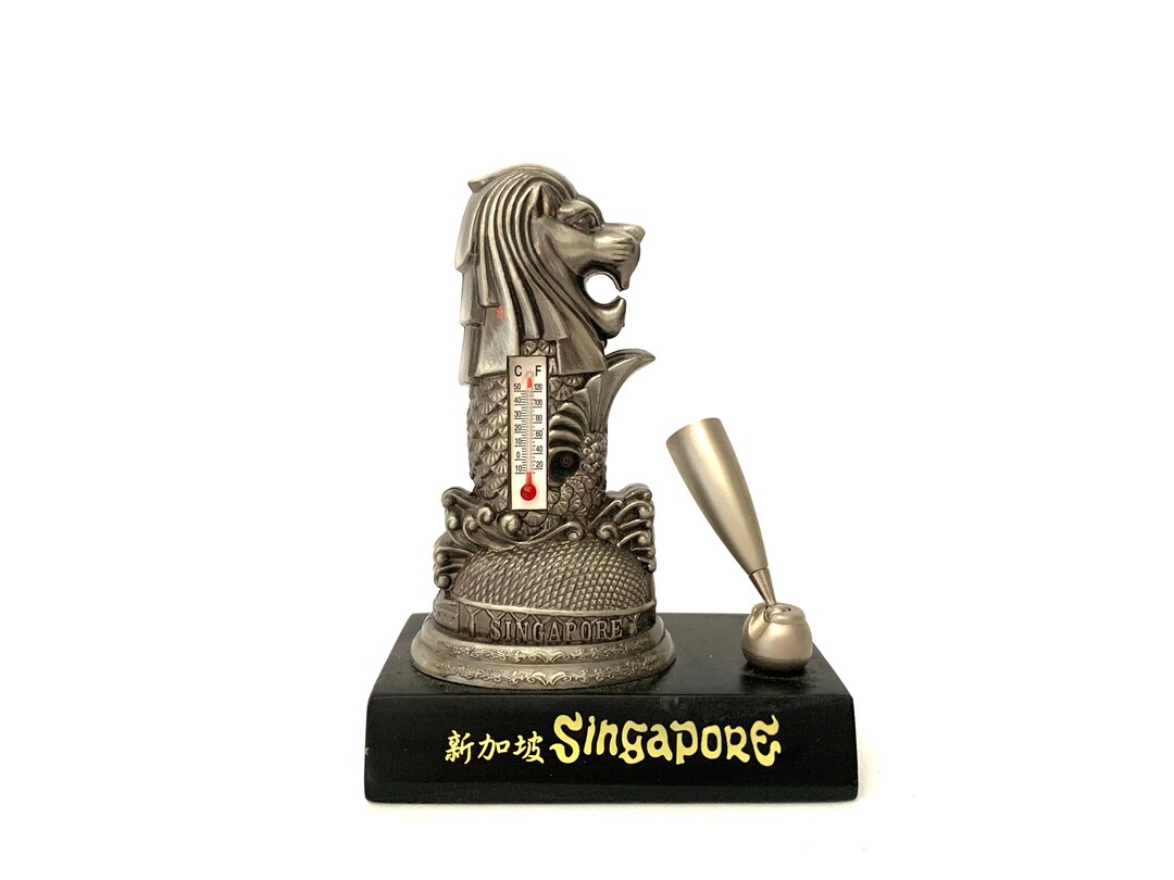 Vintage Selangor Pewter Merlion Singapore Pen Holder Thermometer - Etsy