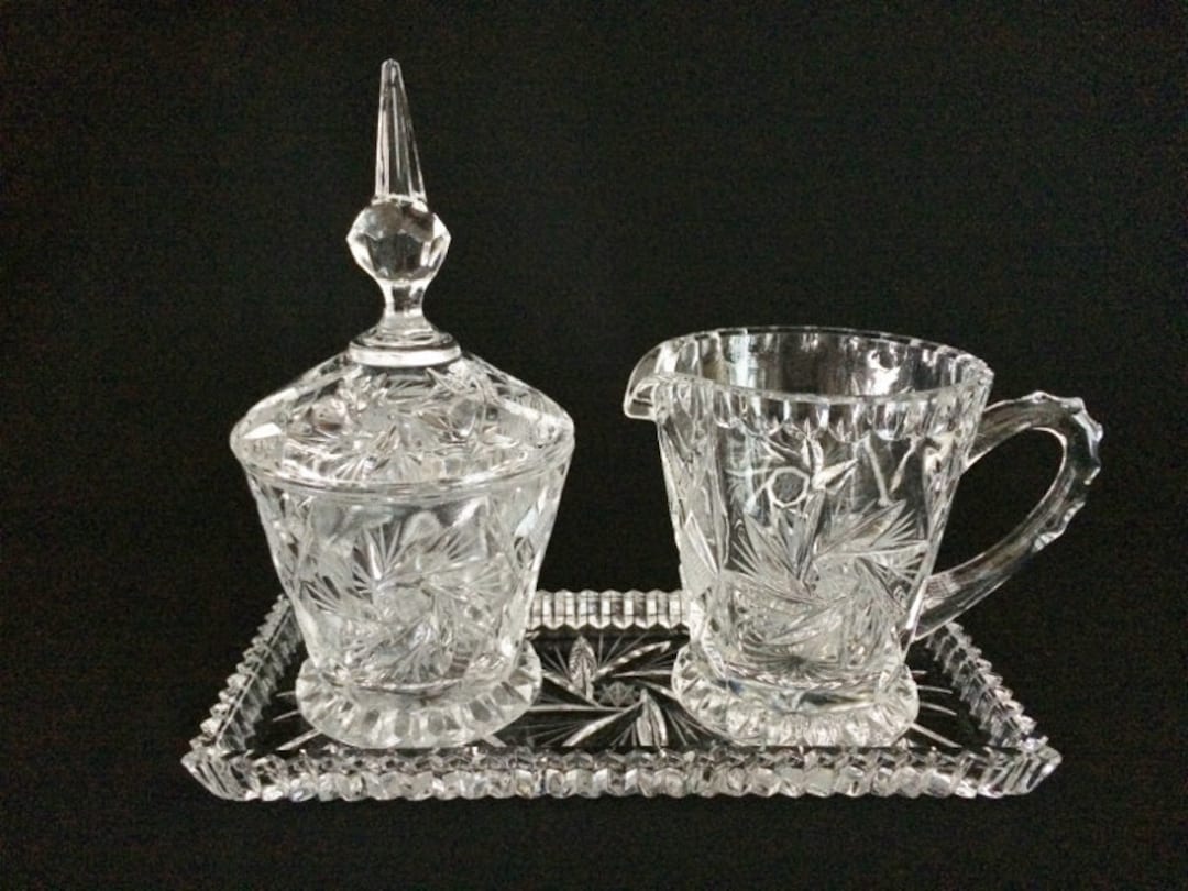Vintage Lausitzer Pinwheel Hobstar Crystal Cream Sugar Tray Set Germany ...