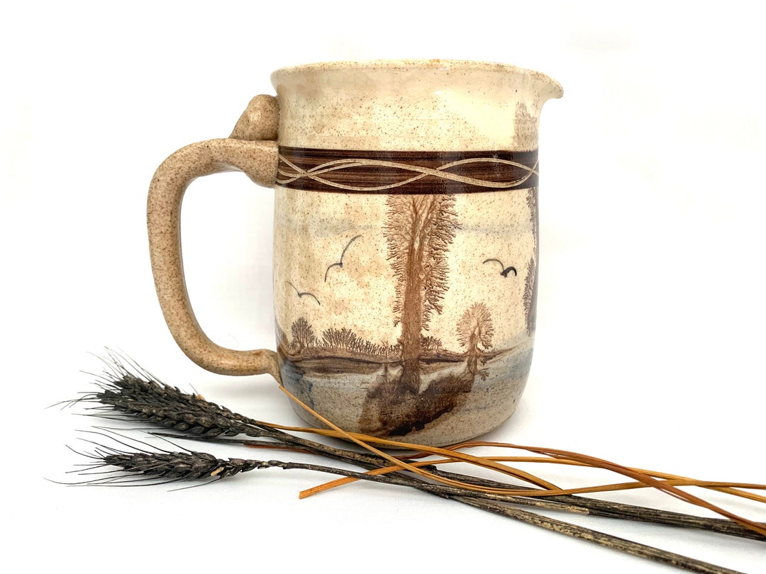 Vintage Mocha Diffusion Pottery Pitcher Jug Trees Birds Pitcher Jug Incised Pottery - Etsy