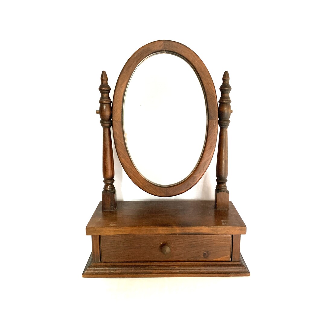 Antique Wooden Oval Dressing Mirror Stand W/drawer Table Top Mirror ...