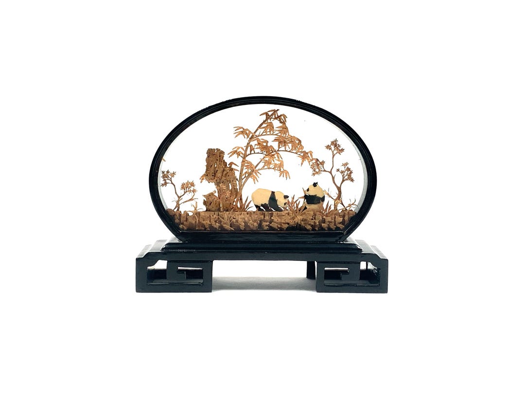 Vintage Asian Cork Carving Panda Diorama Shadow Box Arched Lacquer ...