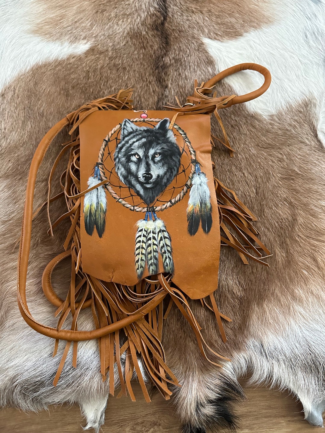 Hand Painted Leather Wolf Bag - Etsy