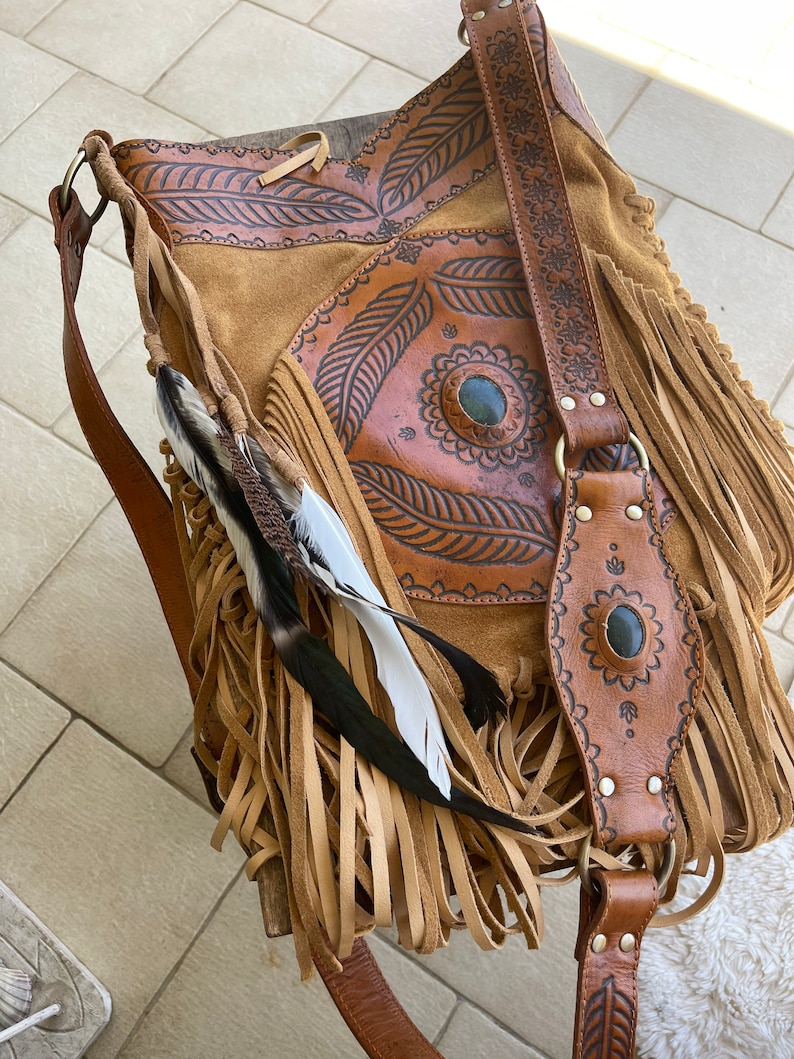 Hand Tooled Toffee Coloured Suede Fringed Bag | Etsy