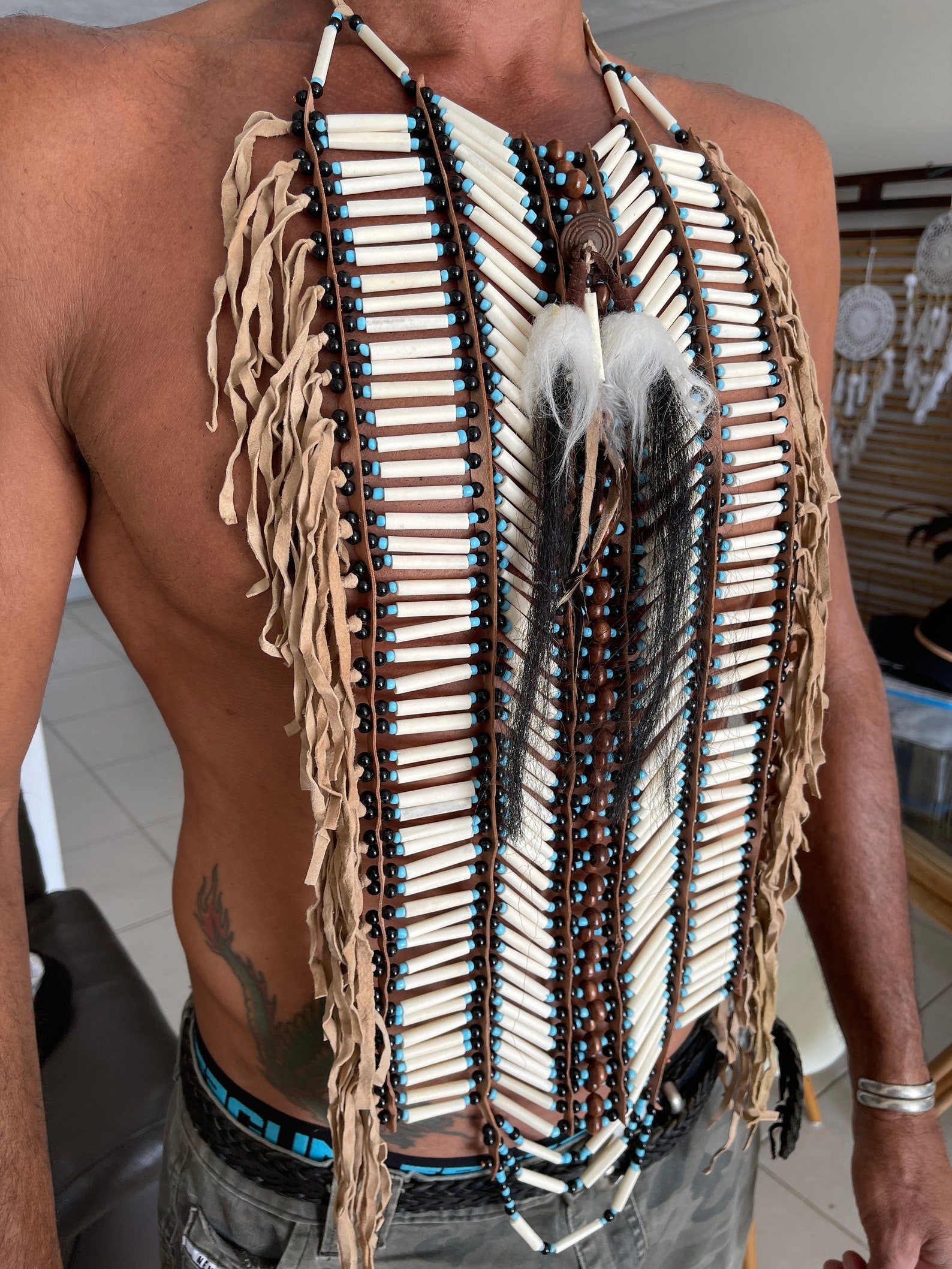 Native Amarican Bone and Suede Indian Chest Piece. - Etsy