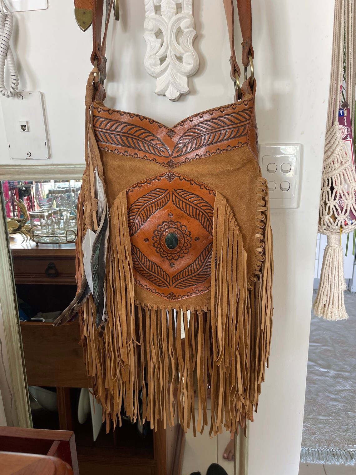 Hand Tooled Toffee Coloured Suede Fringed Bag - Etsy