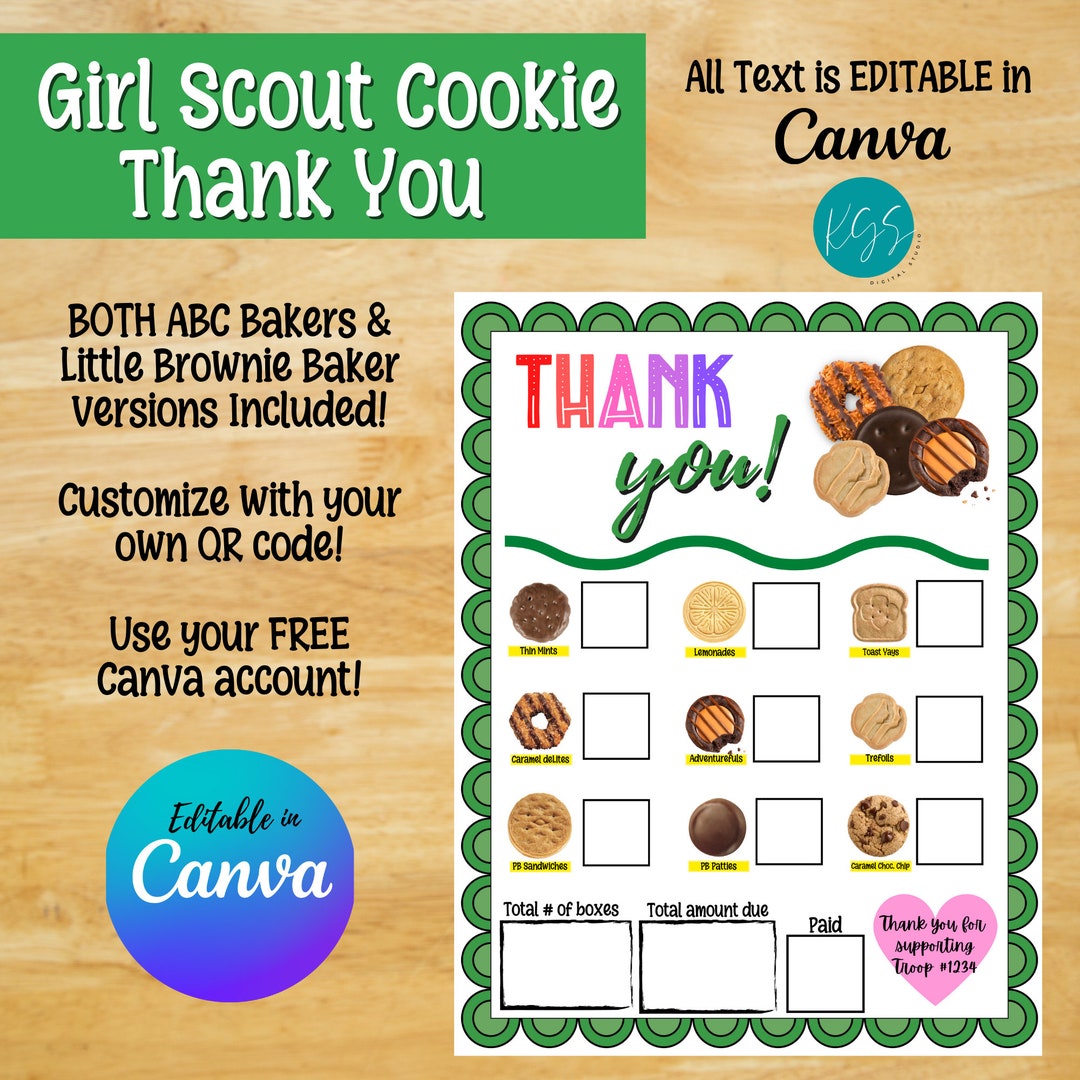 Girl Scout Cookie Thank You Card Receipt, Editable Canva Template ...