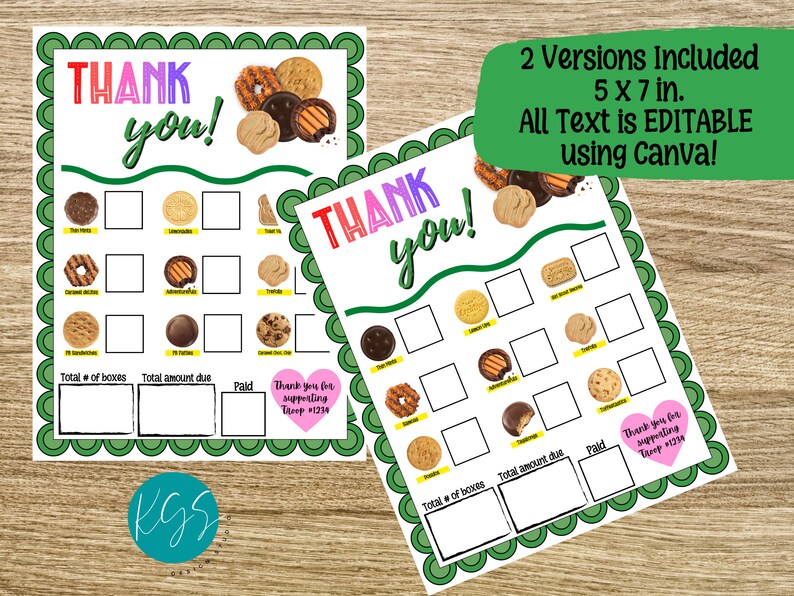 Girl Scout Cookie Thank You Card Receipt Editable Canva Etsy