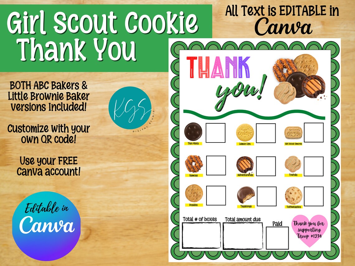 Girl Scout Cookie Thank You Card Receipt Editable Canva - Etsy