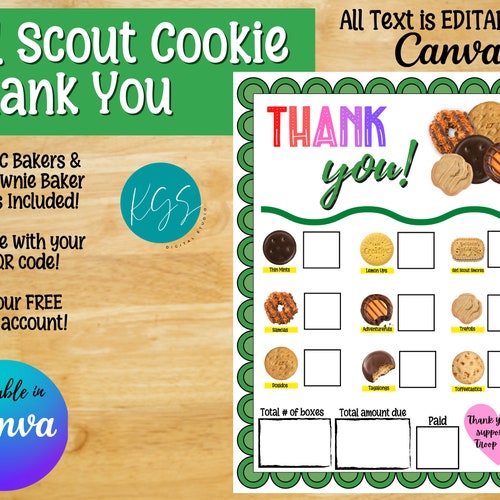 Girl Scout Cookie Thank You Card Receipt Editable Canva - Etsy