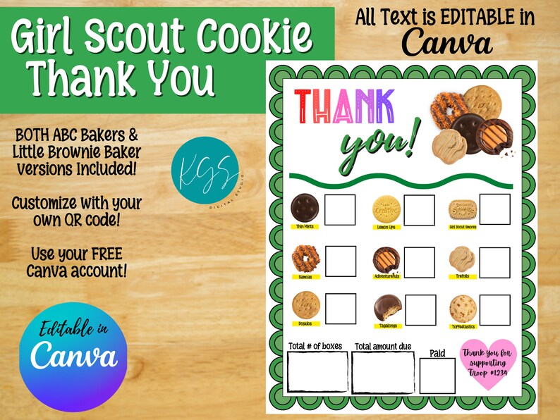 Girl Scout Cookie Thank You Card Receipt Editable Canva - Etsy